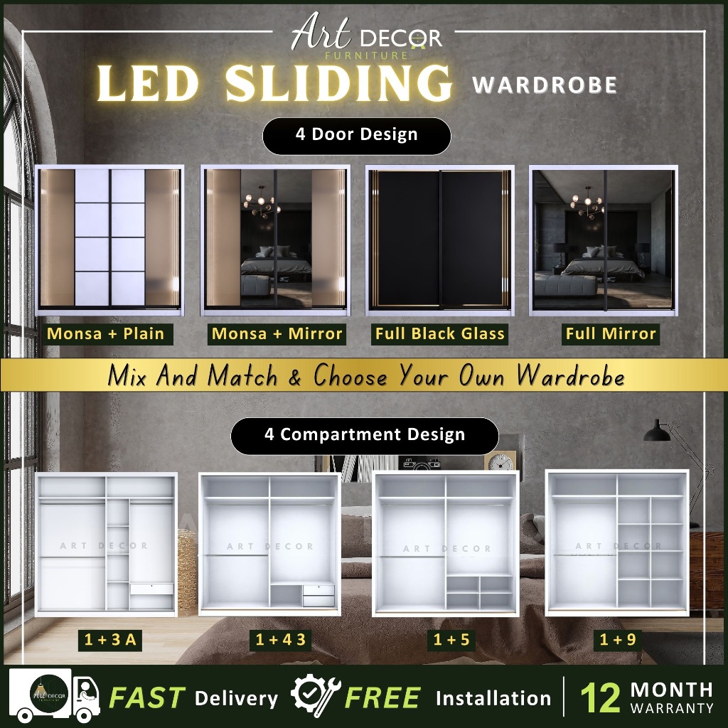 [FREE INSTALL] Almari Baju Full Glass Cermin with LED Light /Mirror ...