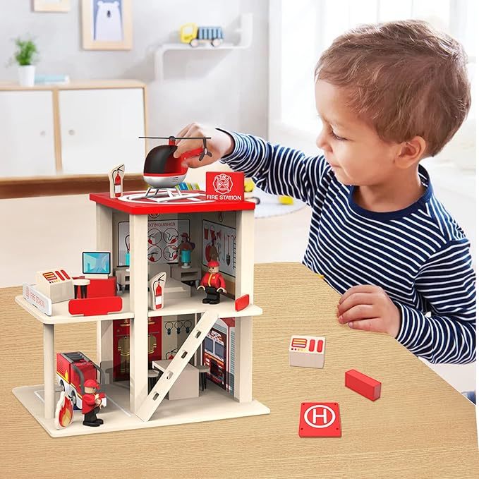 Wooden Fire Station Police station Set Multicolor 3-Level Pretend Play ...