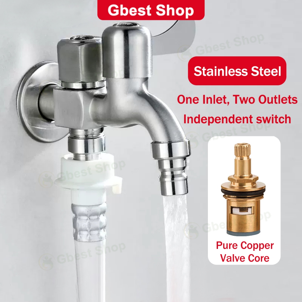 Stainless Steel Two way garden water tap double head Kitchen Bathroom ...