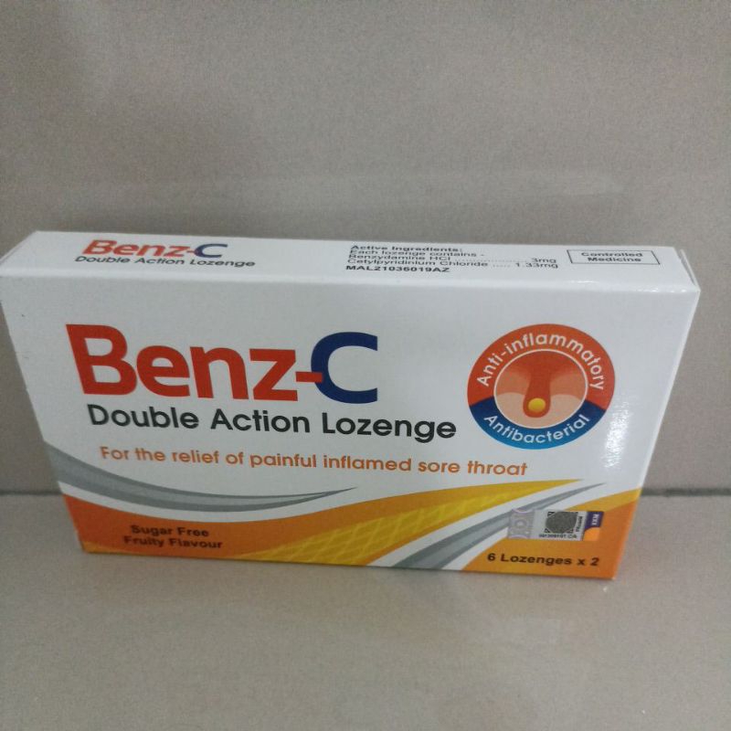 Benz-C Double Action Lozenge Sugar Free Fruity Flavour (6 lozenges x 2 ...
