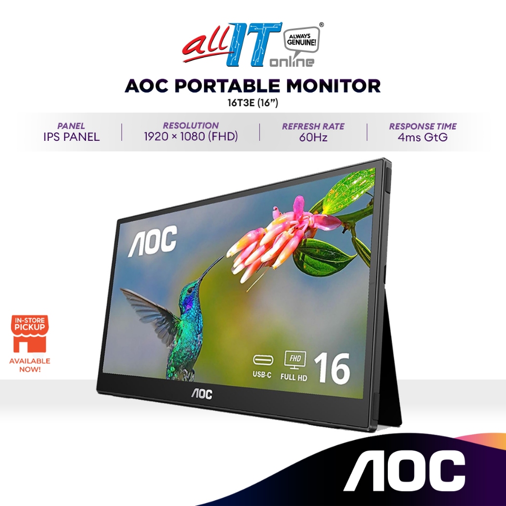 AOC 16T3E 16" Full HD USB-C Portable Monitor | IPS Panel | 1920x1080 ...