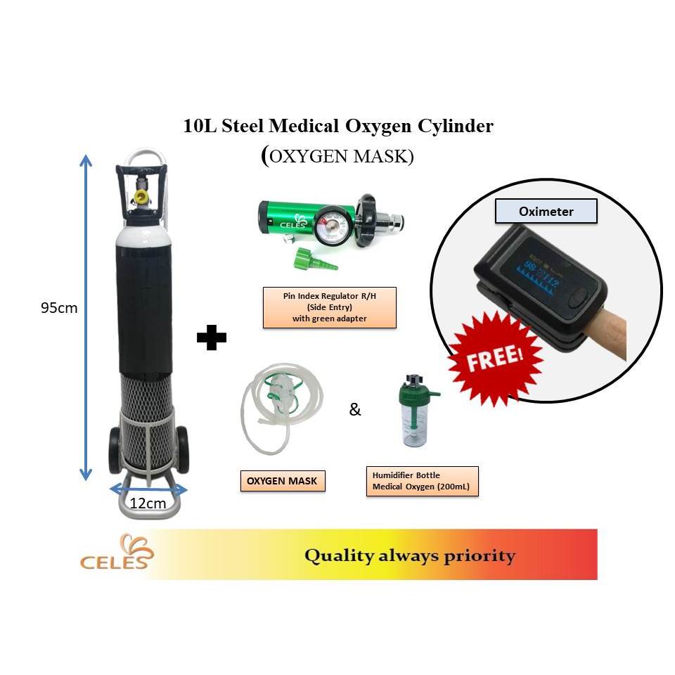10L Steel Medical Oxygen Cylinder FULL SET c/w Regulator, Trolley ...