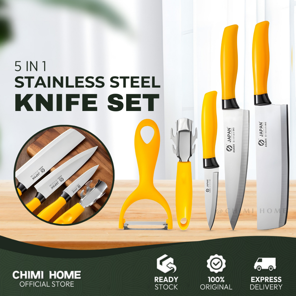 Japan Chef Stainless Steel Kitchen Knife 5in1 Cooking Knife Set Pisau ...