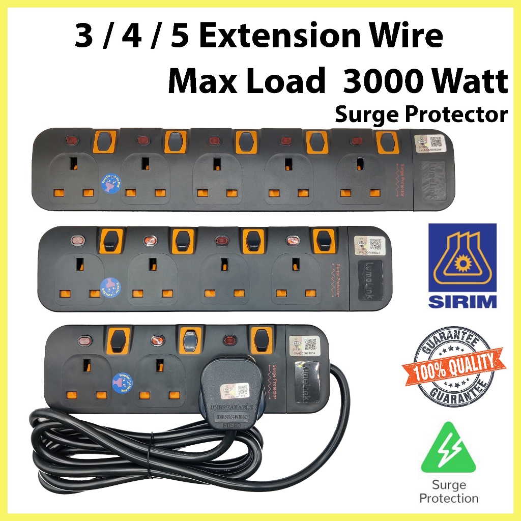 Sirim Black Series 3 4 5 Way Surge Protector Black Portable Extension Socket Trailing Socket