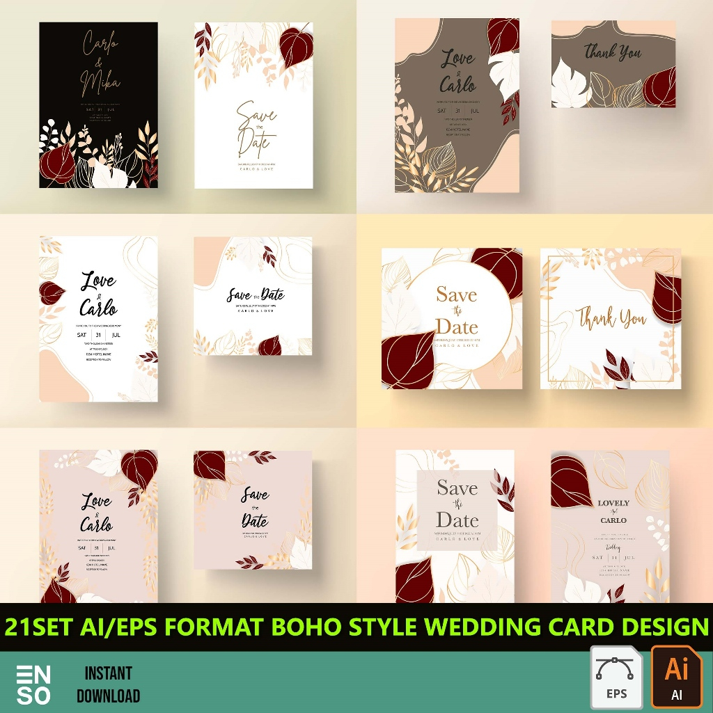 21-Set AI/EPS Format Elegant Boho Style Wedding Card Template Design ...