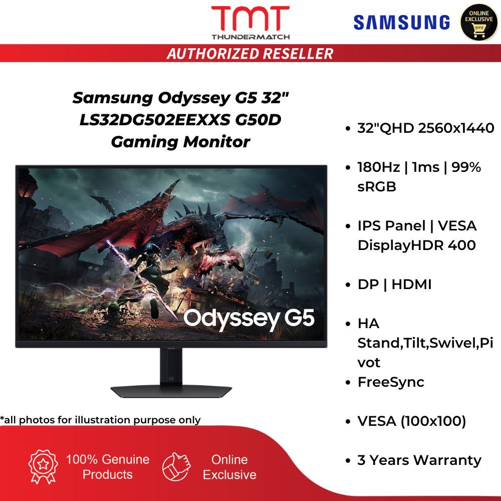 Samsung Odyssey G5 LS32DG502EEXXS G50D Gaming Monitor | 32" QHD 2560x1440 | 180Hz /1ms / 99% ...