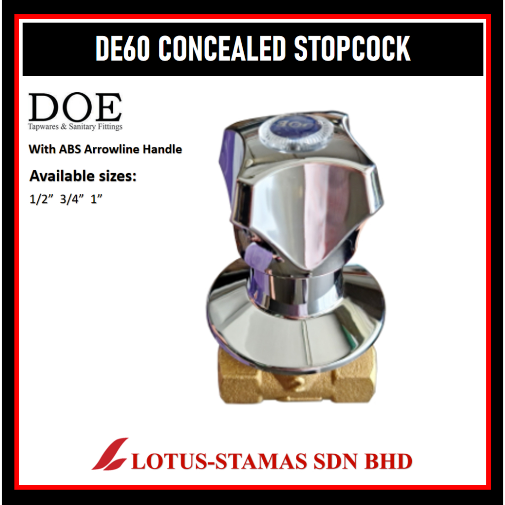 DOE DE60 1/2" 3/4" 1" Stopcock complete with ABS Arrowline Handle ...