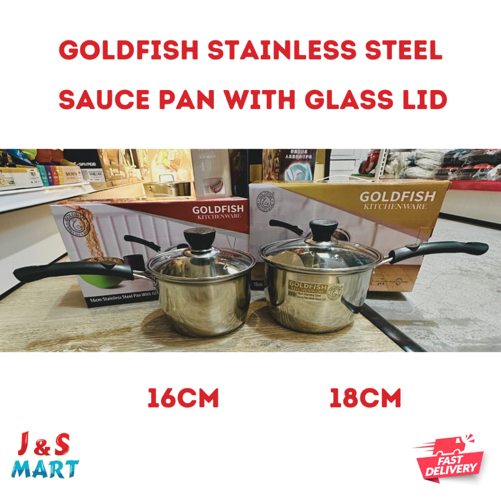 GOLDFISH Stainless Steel Sauce Pan With Glass Lid Side Handle Pot ...
