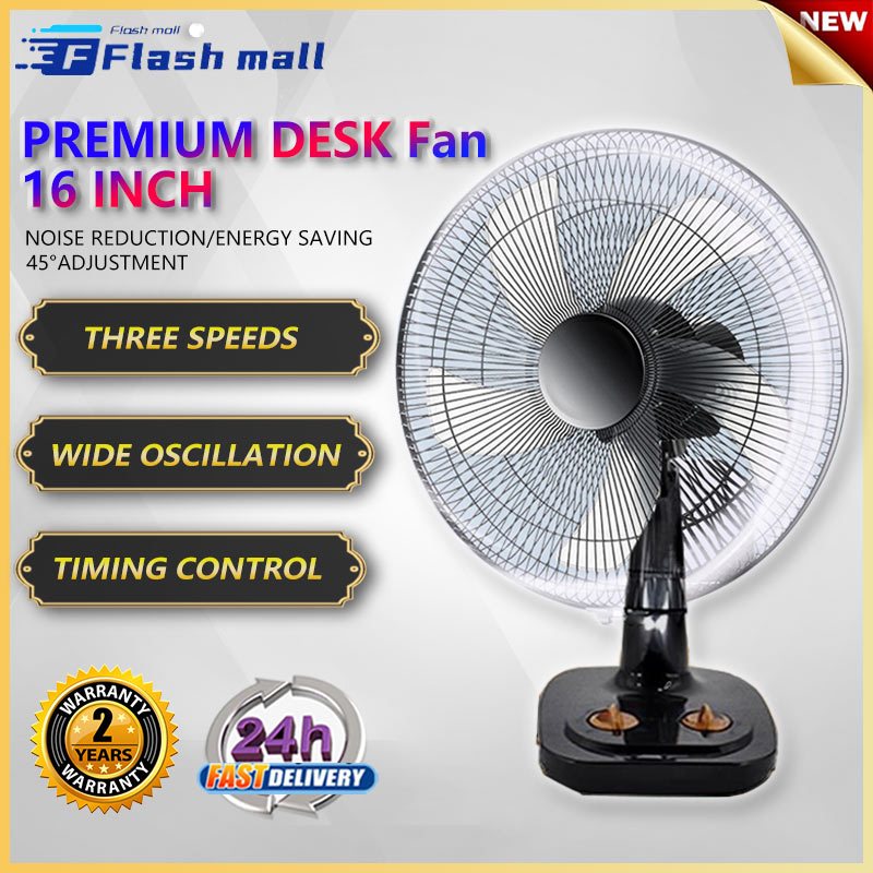 High Performance Table/Desk Fan/Kipas Meja with 5 Blades, 3 Speed - Black edition (16'') Easy to ...