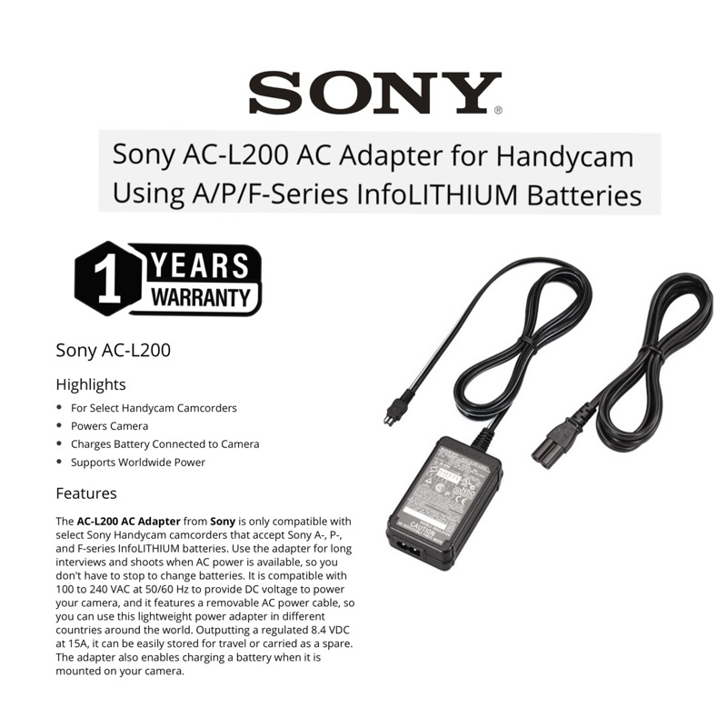 Sony AC-L200 AC Adapter for Handycam Using A/P/F-Series InfoLITHIUM ...