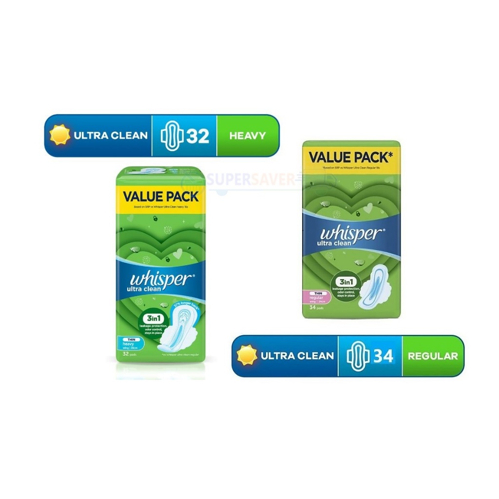 Whisper Ultra Clean Heavy Wing Sanitary Pads (28cm x 32 Pcs) (24cm x 34 ...