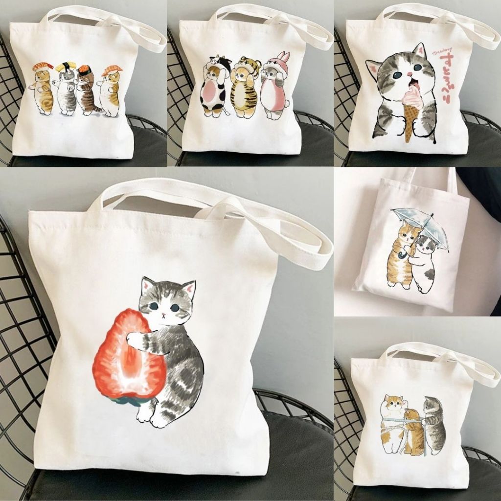Mofusand Cat Canvas Tote Shoulder Bag Double Strap Cute Kitten Beg ...