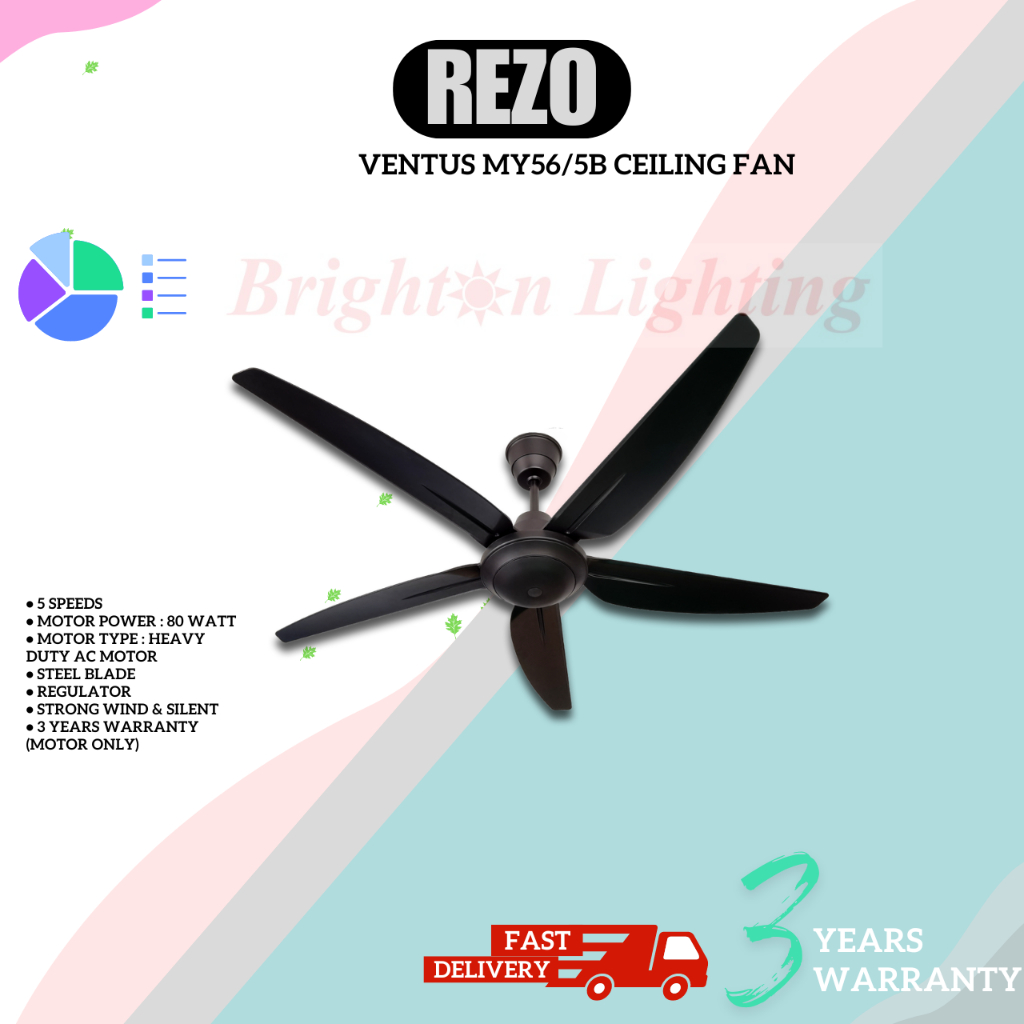REZO Ventus MY56 / MY40 DC 56/40 inches 5 Speeds Ceiling Fan | Shopee ...