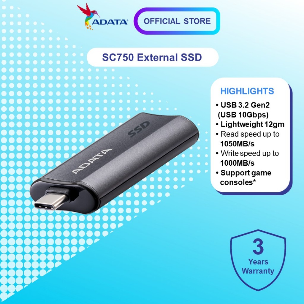 ADATA SSD External SC750 High Speed Read/Write Up To 1,050/1,000 MB/s Cableless Compact Size ...