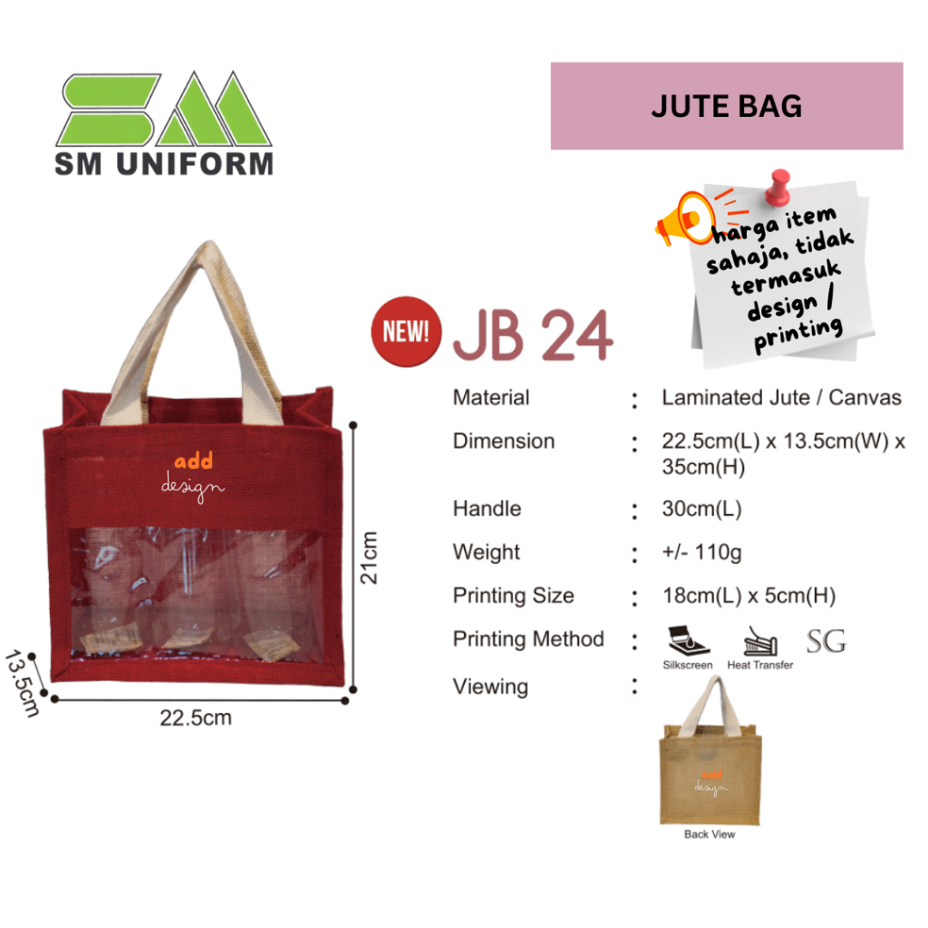 Custom Design Printing Transparent Jute Bag Tote Beg Guni Lut Sinar ...