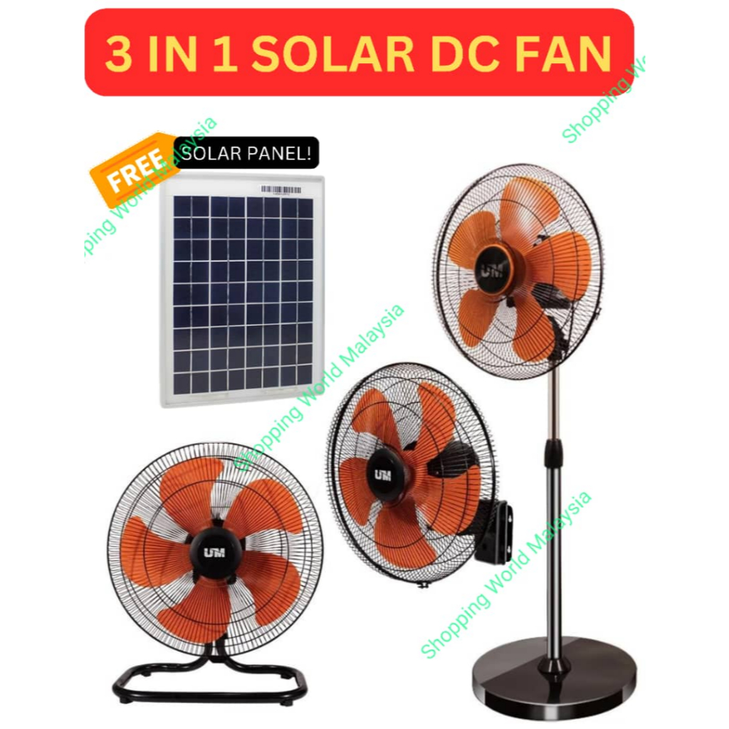 (3in1) Solar 12 inch DC Fan Adjustable Table/Stand/wall fan New solar ...