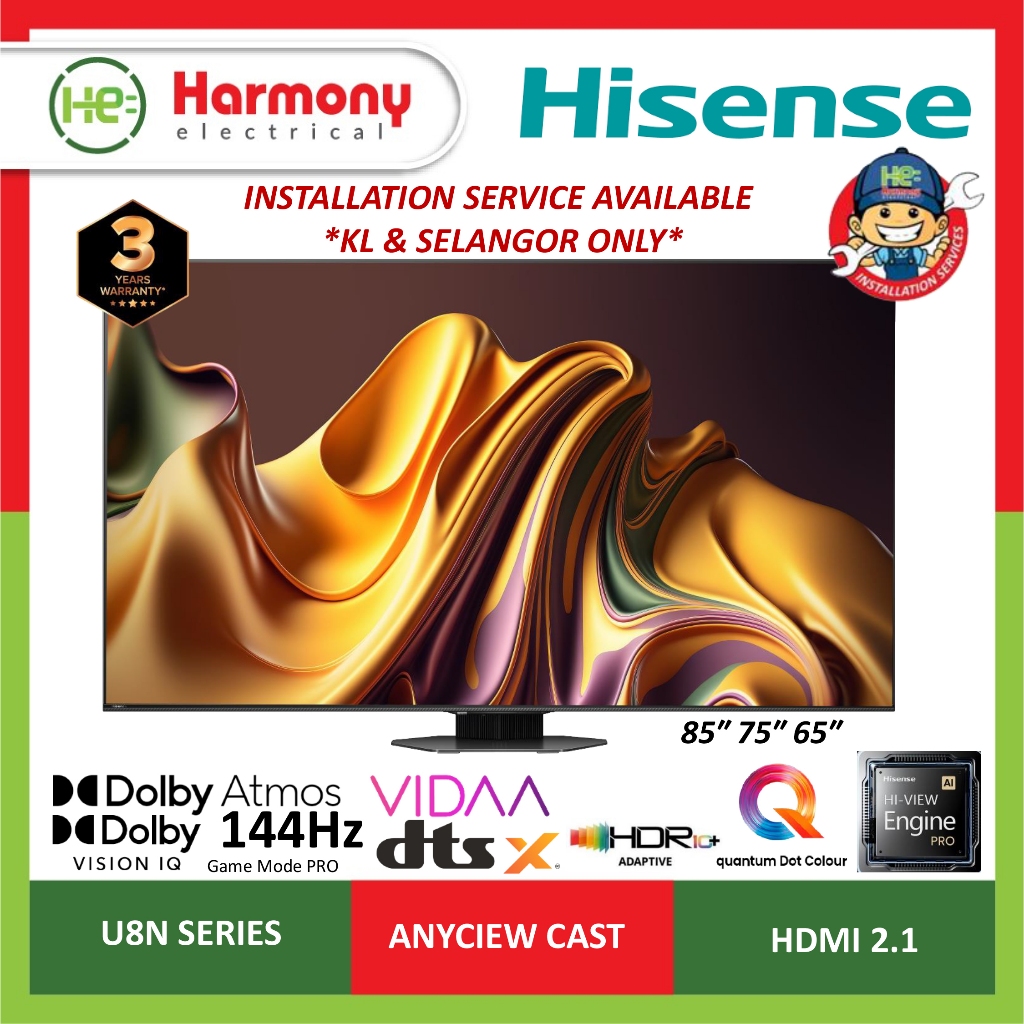 (FREE DELIVERY KL) HISENSE 65" 75" 4K Mini-LED ULED TV U8N Series 65U8N / 75U8N VIDAA Smart TV ...