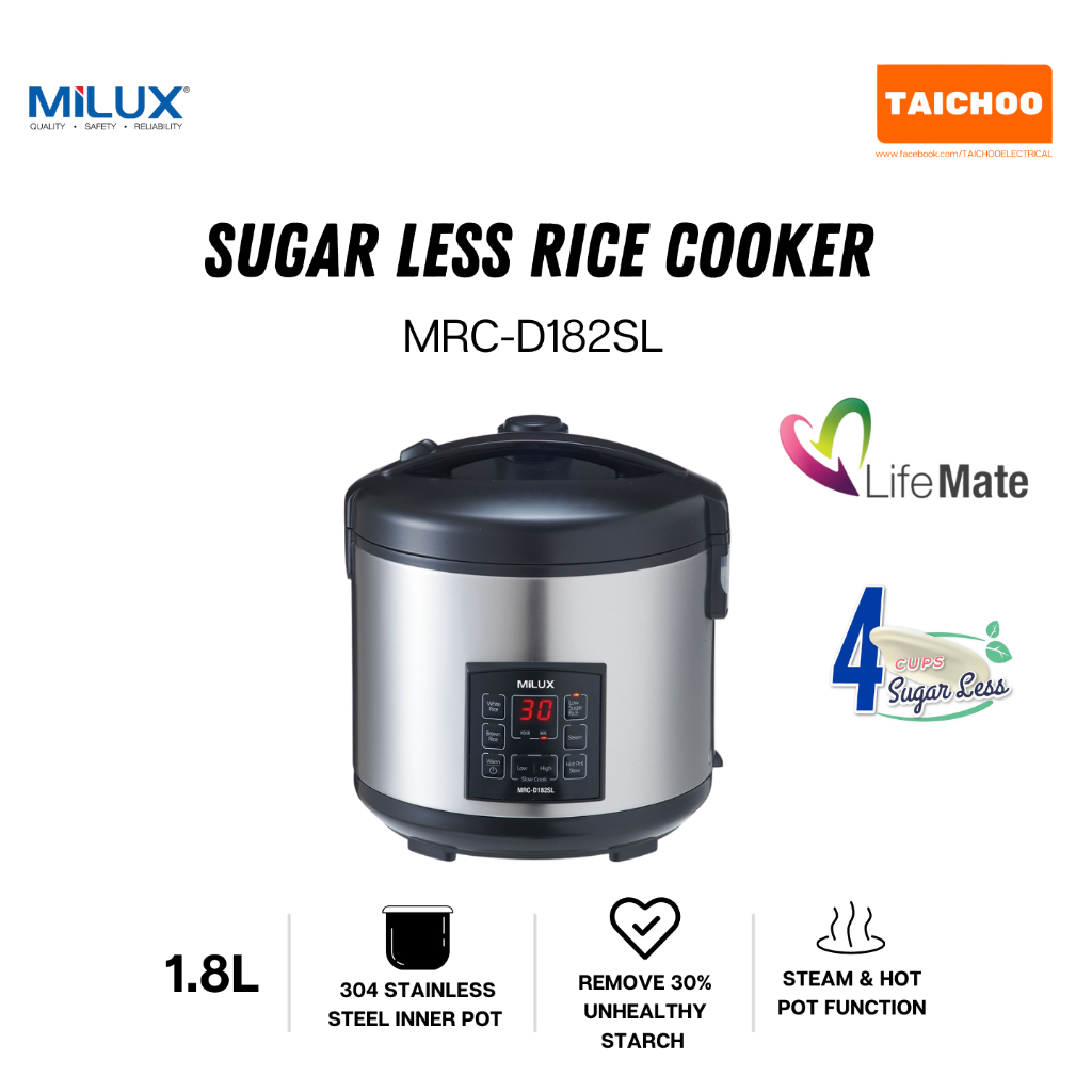 Milux Sugar Less Rice Cooker with Stainless Steel Inner Pot 1.8L MRC ...