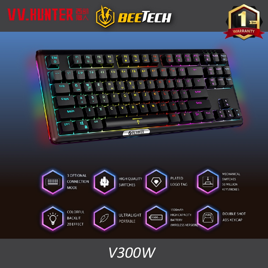 VV.Hunter V300W 87 Keys RGB Tri-Mode Wireless 2.4Ghz Bluetooth USB Type ...