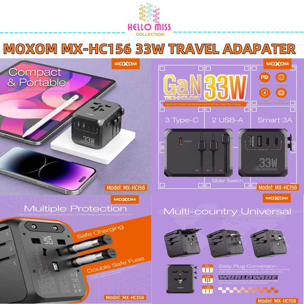 MOXOM MX-HC156 33W GAN UNIVERSAL TRAVEL ADAPTER WITH PD + USB PORTS ...