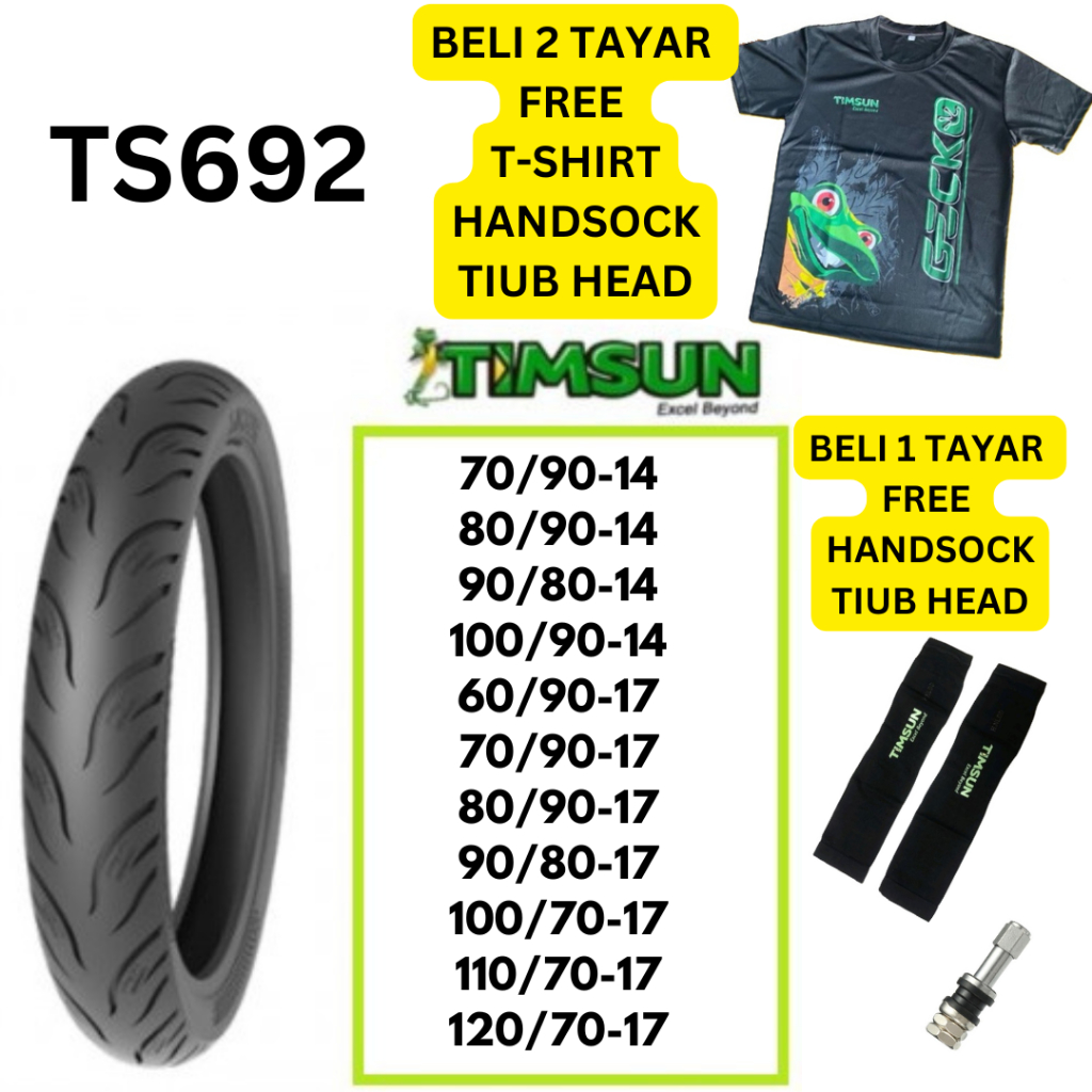 TIMSUN Tayar Tyre TS692 Tubeless 70/90-14 80/90-14 90/80-14 60/90-17 70 ...