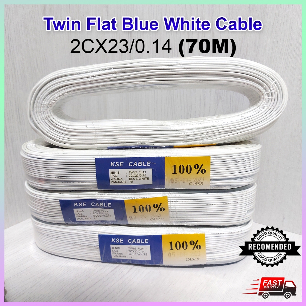 Twin Flat Blue White Electrical Cable 2CX23/0.14 (70M) Wire Wayar Putih ...