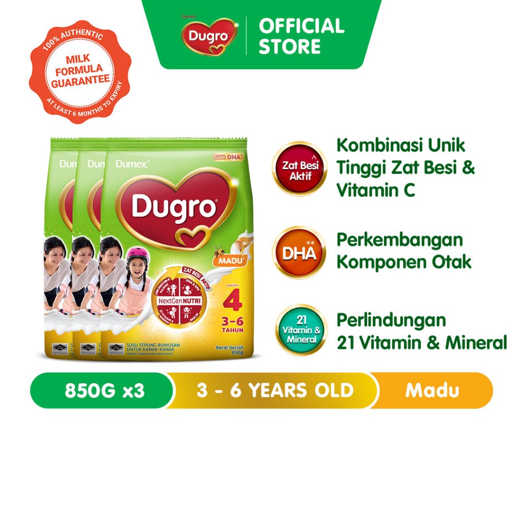 Dumex Dugro Step 4 Honey/Madu Growing Up Milk Formula 3-6 years (850g x ...