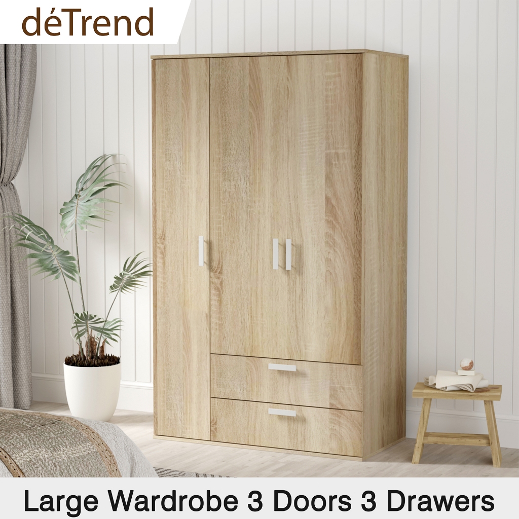 deTrend Wardrobe 3 Door 2 Drawer Wardrobe Wooden Extra Large Storage ...