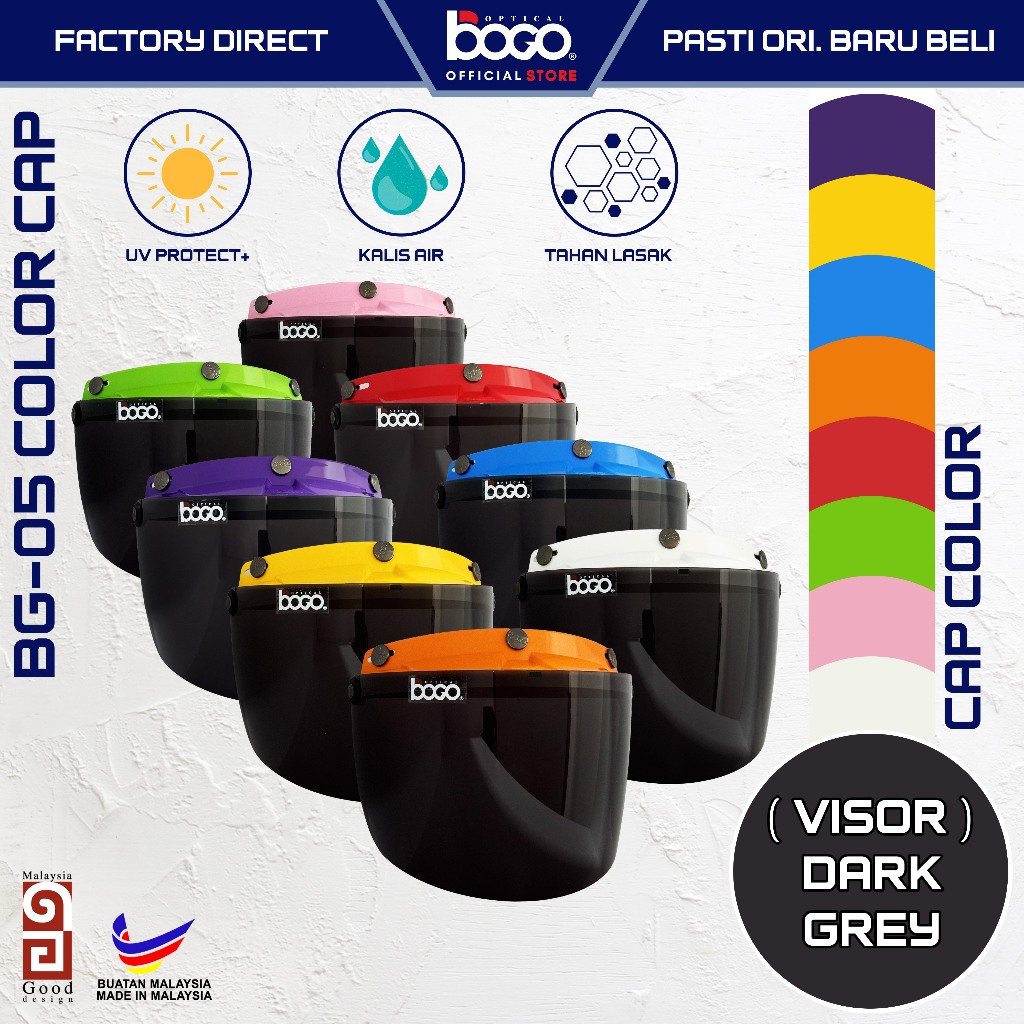 BOGO Visor Helmet BG05 Colored Cap (Dark Grey Visor) 3 Button Full Face ...