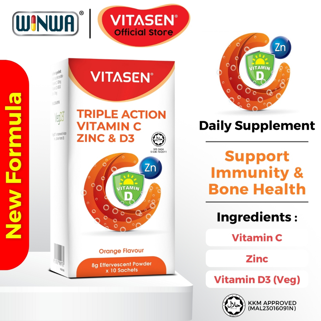 [EXP: 01/2026] VITASEN TRIPLE ACTION VIT C, ZINC, VIT D3 10 | Shopee ...