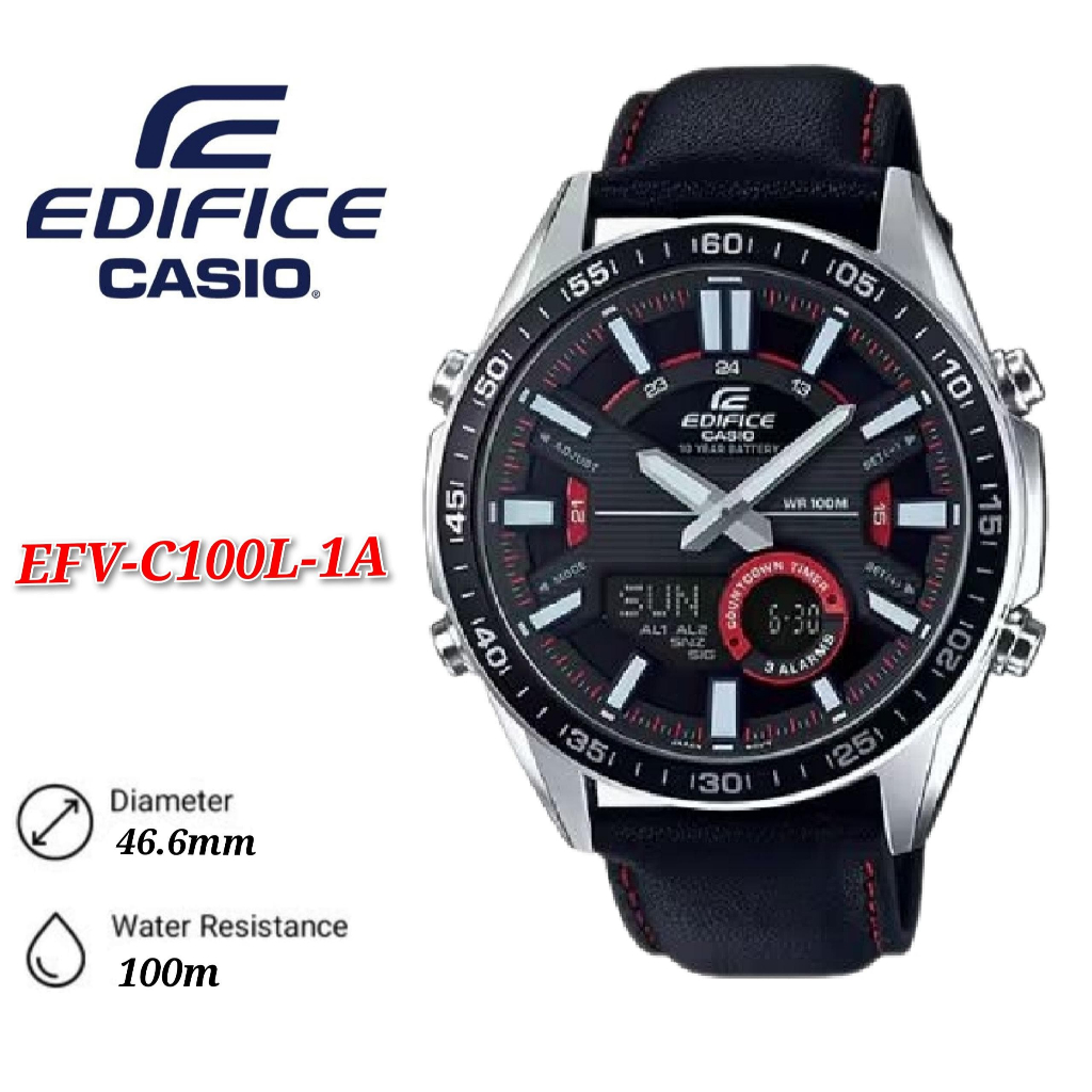 Casio Edifice EFV-C100L-1A Analog Digital 100M Black Dial Black Leather ...