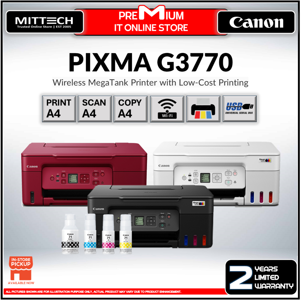 Canon Color Inkjet Printer A4 3in1 Pixma Megatank Wireless G3770 ...