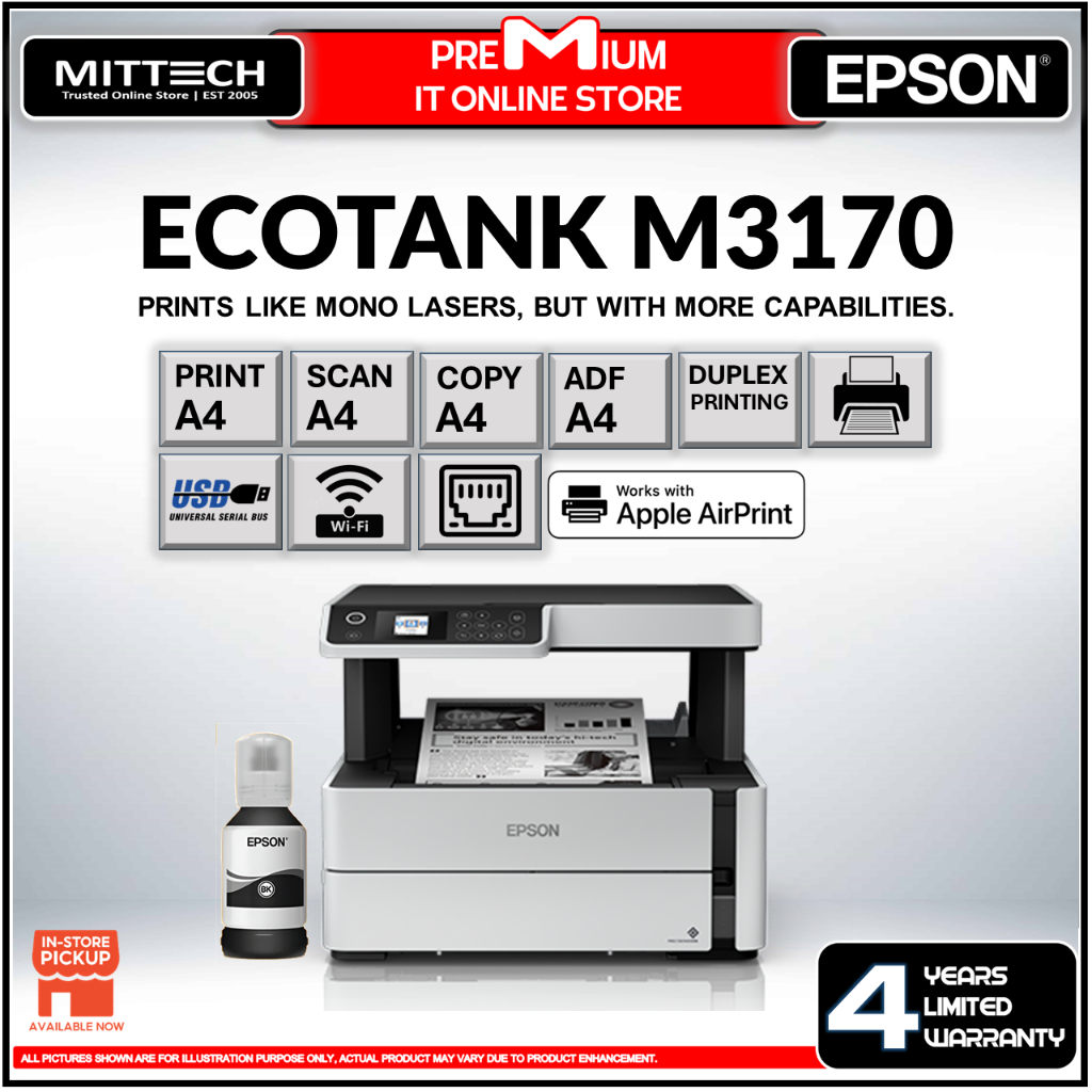 Epson EcoTank Monochrome M3170 Wi-Fi All-in-One Ink Tank Printer | ADF ...