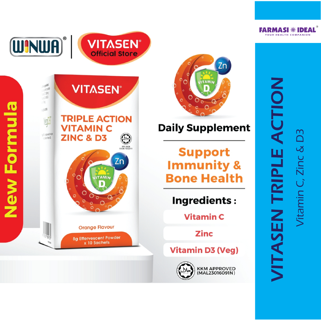 VITASEN Triple Action Vitamin C, Zinc & D3 (vege) Effervescent Sachet ...