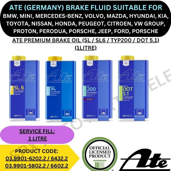 ATE GENUINE BRAKE OIL (DOT 4, DOT 5.1) (SL, SL6, DOT5.1, TYP200 ...