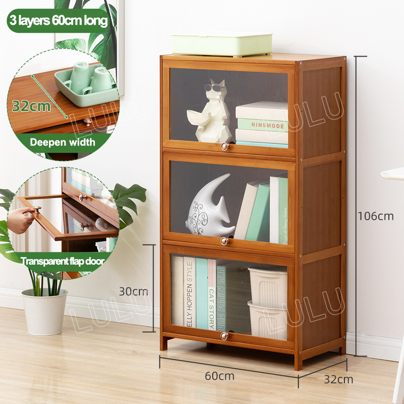 LULU Bamboo Book Shelf Rak Buku Bertutup With 2Drawer Storage Cabinet ...