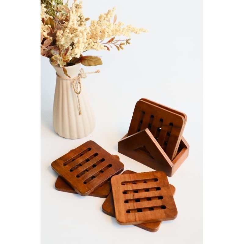 Tectona Furniture Teakwood Coaster Set of 6 With Storage / Papan Alas ...