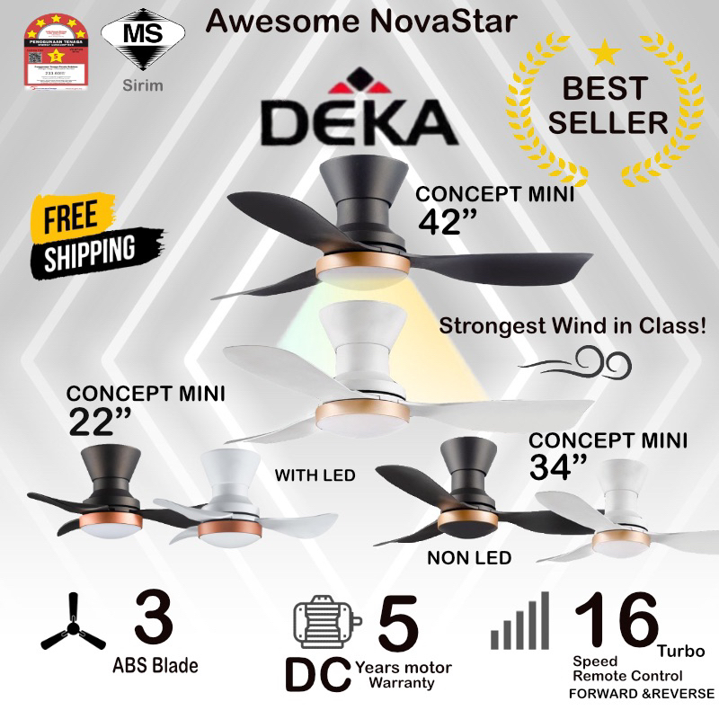 Deka Concept Mini 22” 34” 42” DC motor kitchen Mini Ceiling fan / Kipas ...