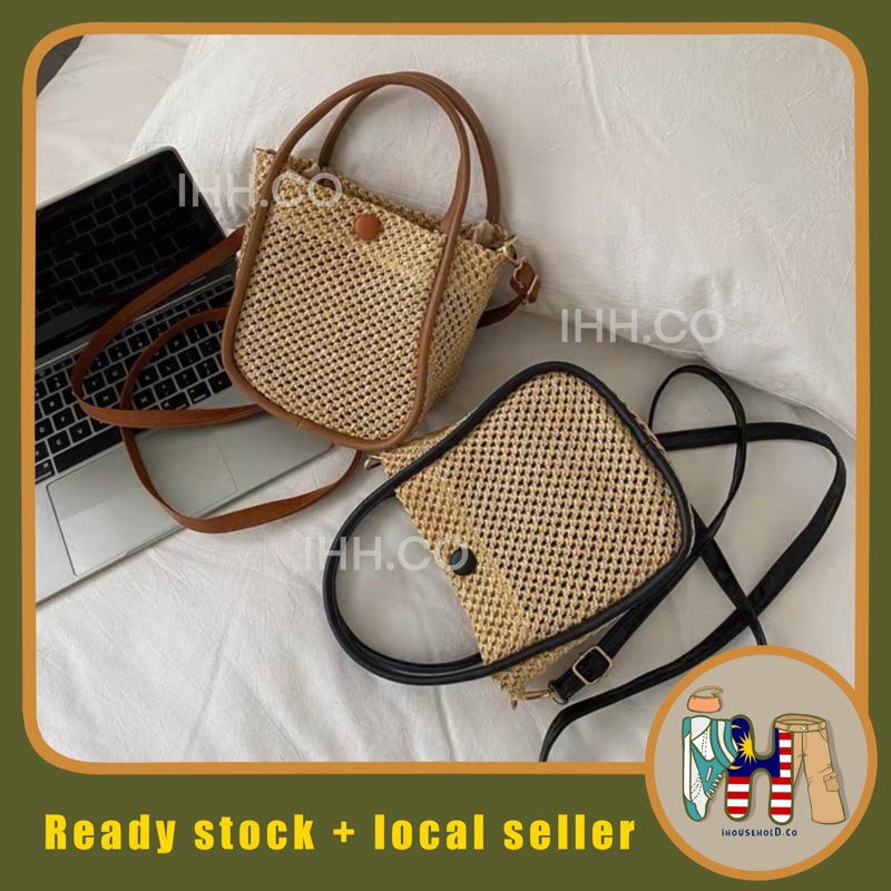 Beg Silang Wanita Perempuan Phone Camera ratan bag Women Straw Bamboo ...