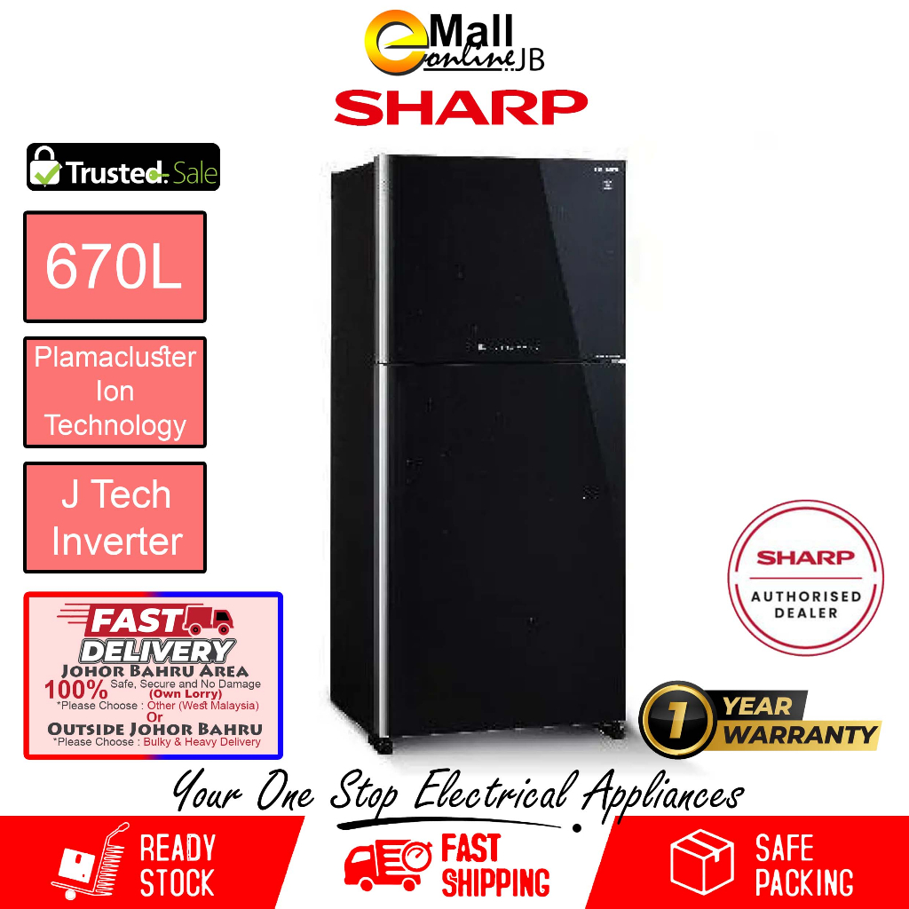 SHARP 670L J-TECH INVERTER 2 Door Fridge SJP782MFGK Glass Door ...
