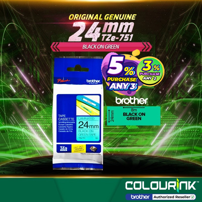 Brother Original Genuine TZe-751 24mm Black on Green Laminated Ptouch ...