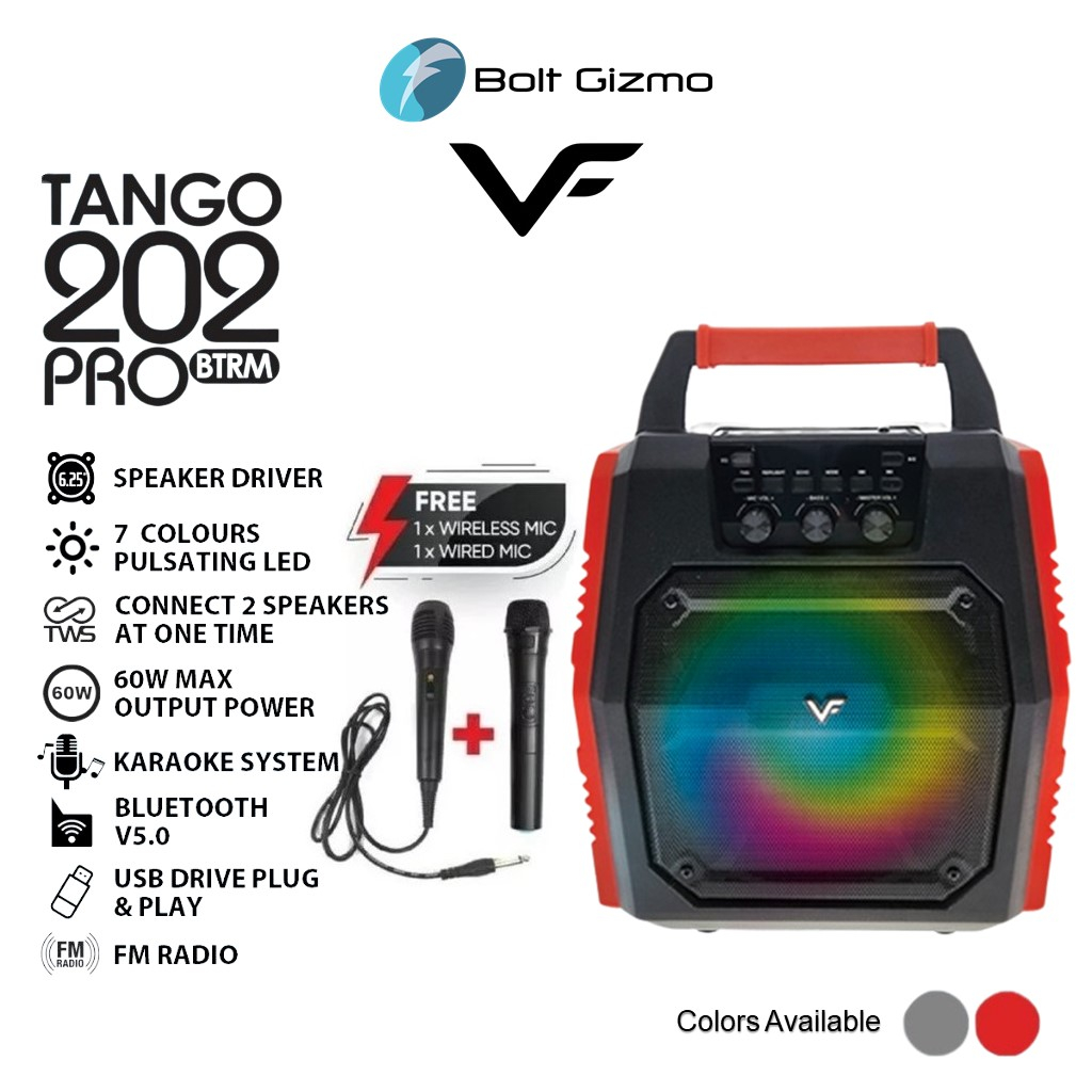 VF Tango 202 Pro BTRM Bluetooth TWS Portable Speaker USB AUX FM Karaoke Stereo Bass Super Free 1 ...