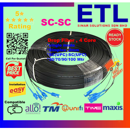 4 core Industrial Fiber Optic Cable Pre Connectorized Singlemode 300 ...