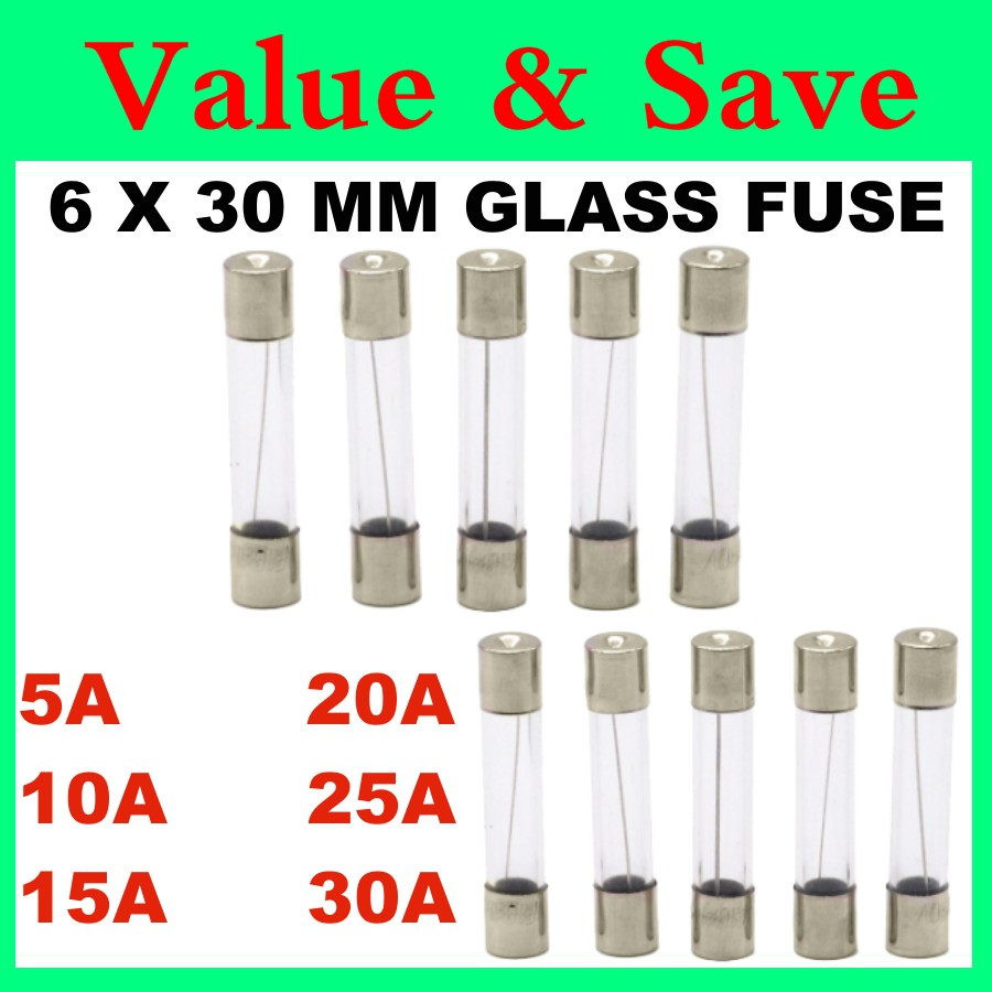 100pcs Glass Fuse Fius Kaca 5A 10A 15A 20A 25A 30A Glass Tube 12V 6mm x ...