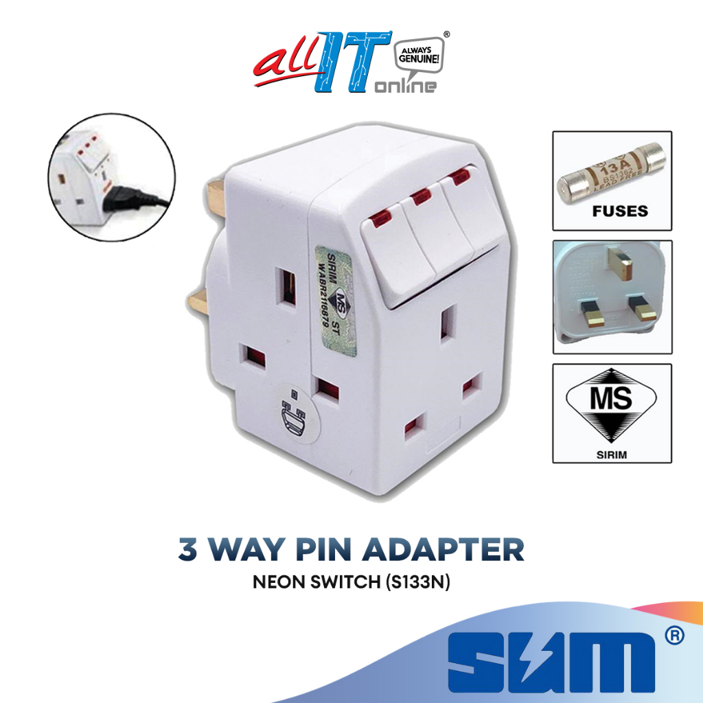 SUM SYE 3 Pin / Way Neon Switch W / Surge Protection / Adapter / Socket ...