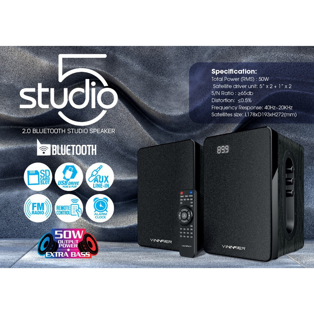 Vinnfier Studio 5 2.0 Bluetooth Studio Speaker with Bass and Alarm Clock/FM Radio/USB/SD Card ...