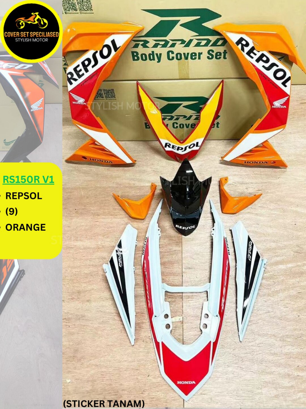 (STICKER TANAM/AIRBRUSH) RAPIDO COVER SET HONDA RS150 RS150R V1/V2/V3 REPSOL (9)/(10) ORANGE ...