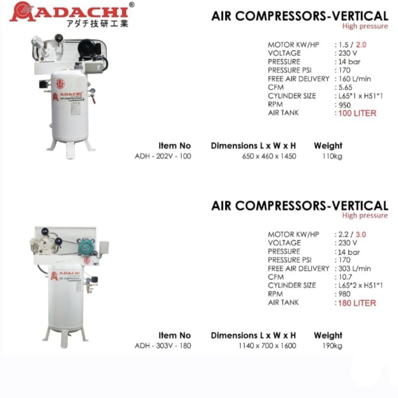 ADACHI 2HP | 3HP High Pressure Vertical Air Compressor | 14Bar | 230V | 170Psi | Japan | Shopee ...