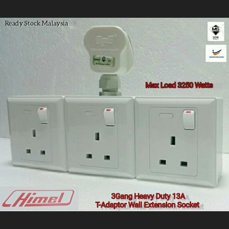 3Gang Heavy Duty 13A T-Adaptor Wall Extension Socket | Shopee Malaysia