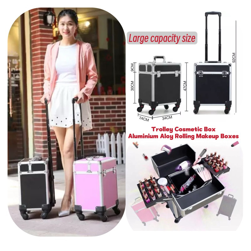 Trolley Cosmetic Box Aluminium Aloy Rolling Professional Artist Makeup ...